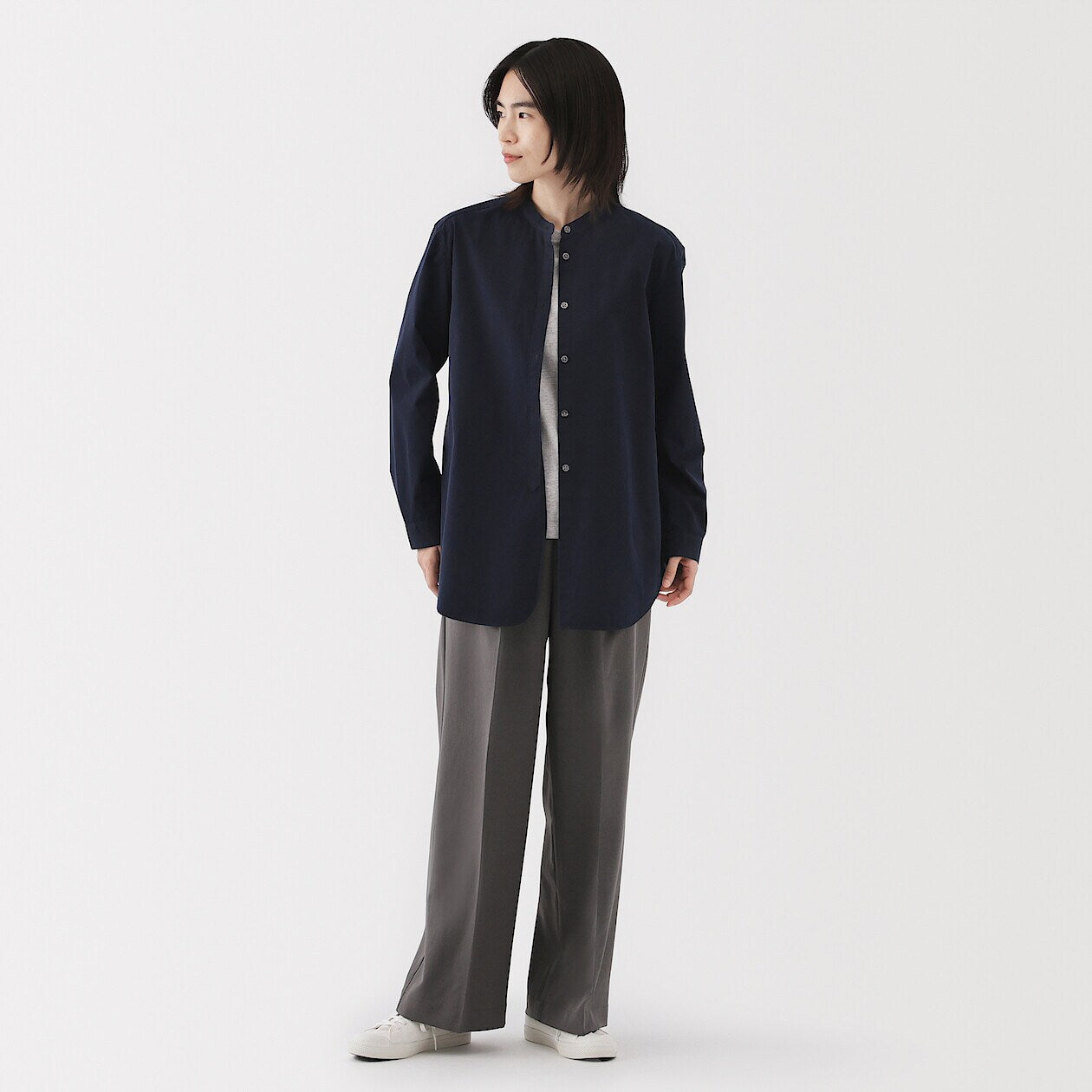 Buy MUJI Women's Washed Broadcloth 100% Cotton Stand Collar Long Shirt